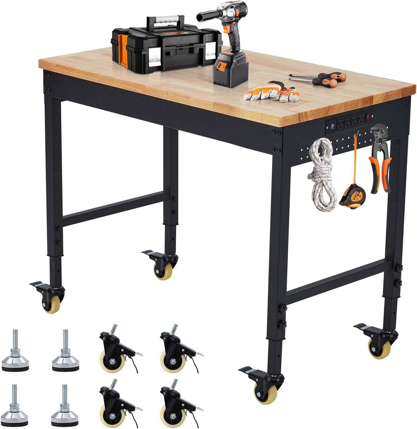 ACONEE Workbench Adjustable Work Bench, 48" x 24" Rubber Wood Shop Table with Wheels, 2000 LBS ...
