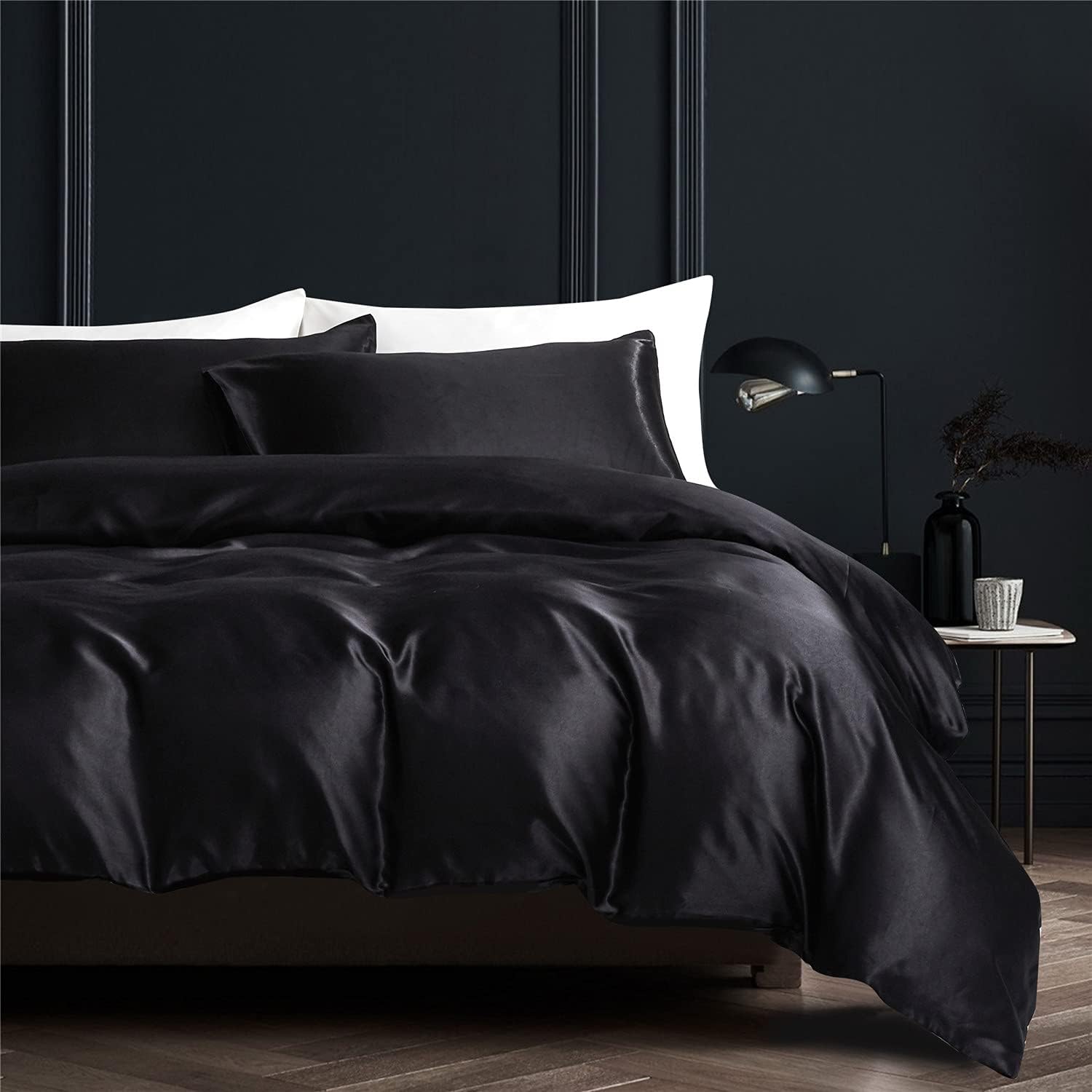 NORCH Black Satin Silk Duvet Cover Set Double Bedding Set Luxury Soft ...