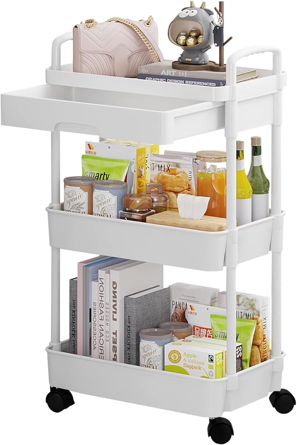 DUOJIN 3 Tier Plastic Rolling Utility Cart with Handle, Multi ...