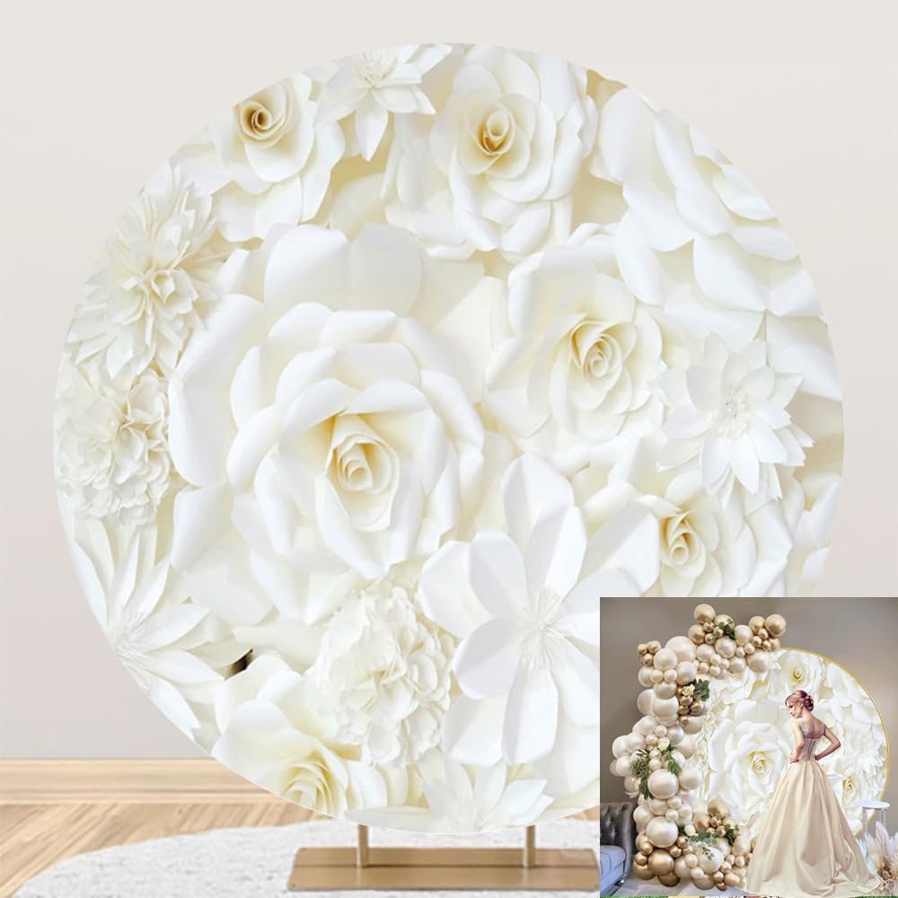 Amazon.com : OERJU 7.5x7.5ft Floral Round Backdrop White Flowers ...