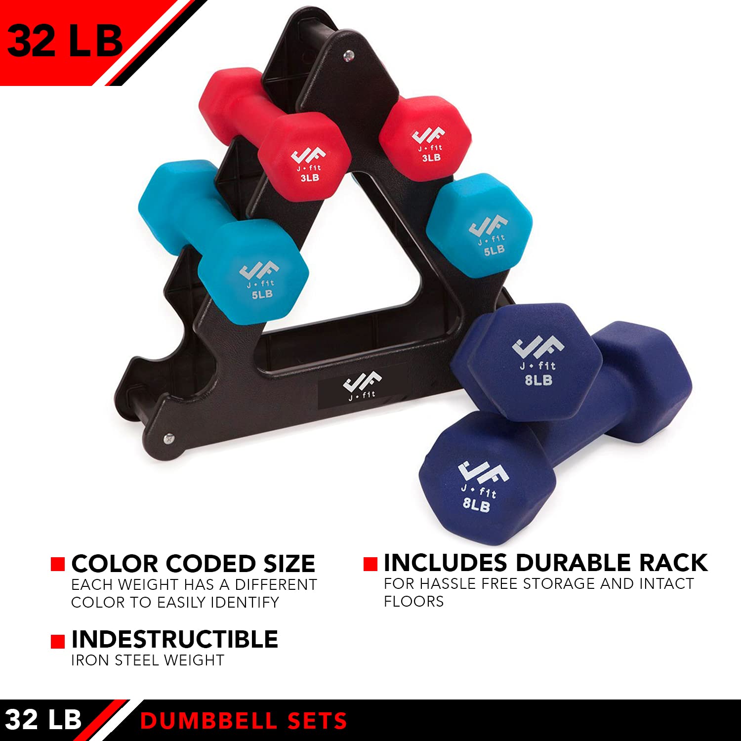 JFIT Dumbbell Set w/Durable Rack, Double Neoprene Coated Workout ...