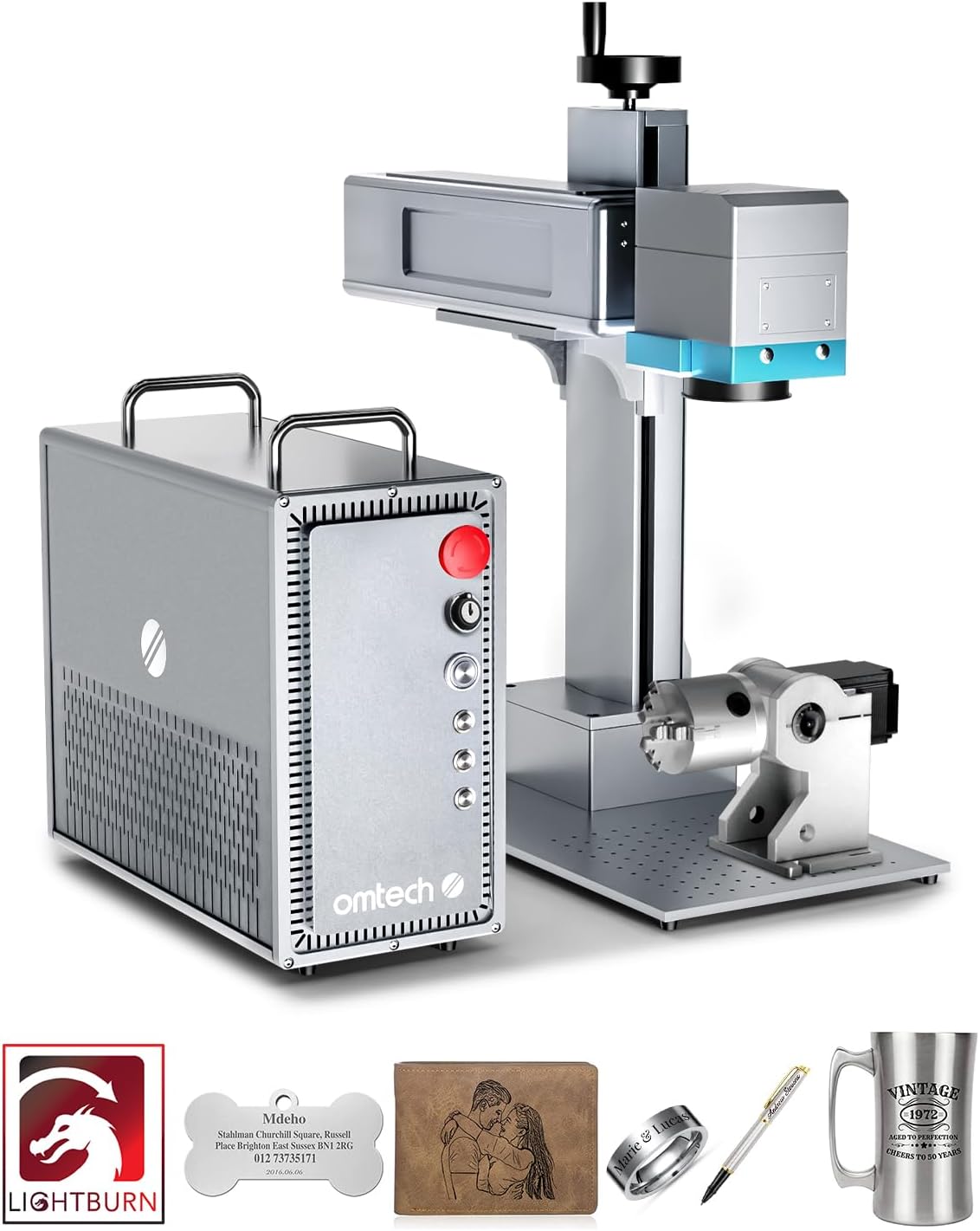 Amazon.com: OMTech 50W Fiber Marking Machine with LightBurn and Rotary Axis, 7x7 Inch Fiber ...