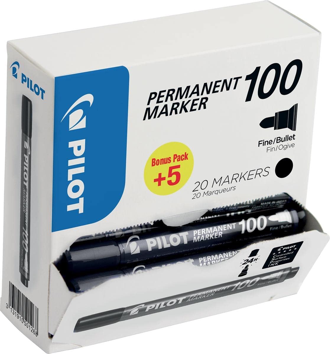 Pilot 100 Series, 4.5mm Bullet Tip Permanent Marker- Black (Box of 20 ...
