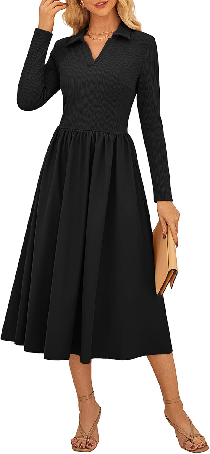 Kate Kasin Women's Fall Long Sleeve Midi Dress 2025 Casual Polo V Neck ...