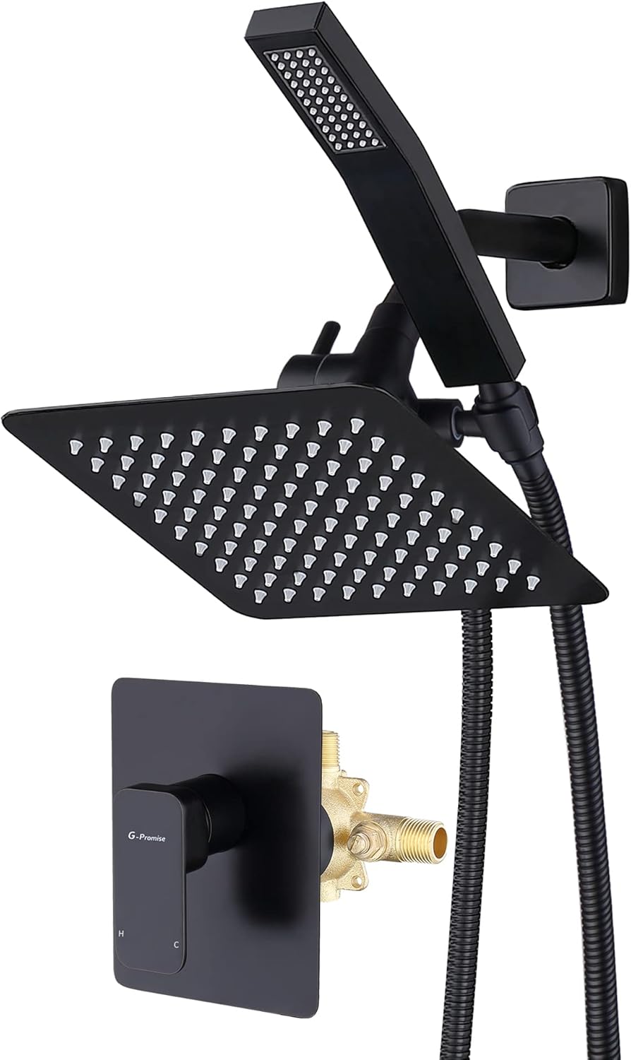 All Metal Shower Faucet Set, Dual Square Shower Head System with ...