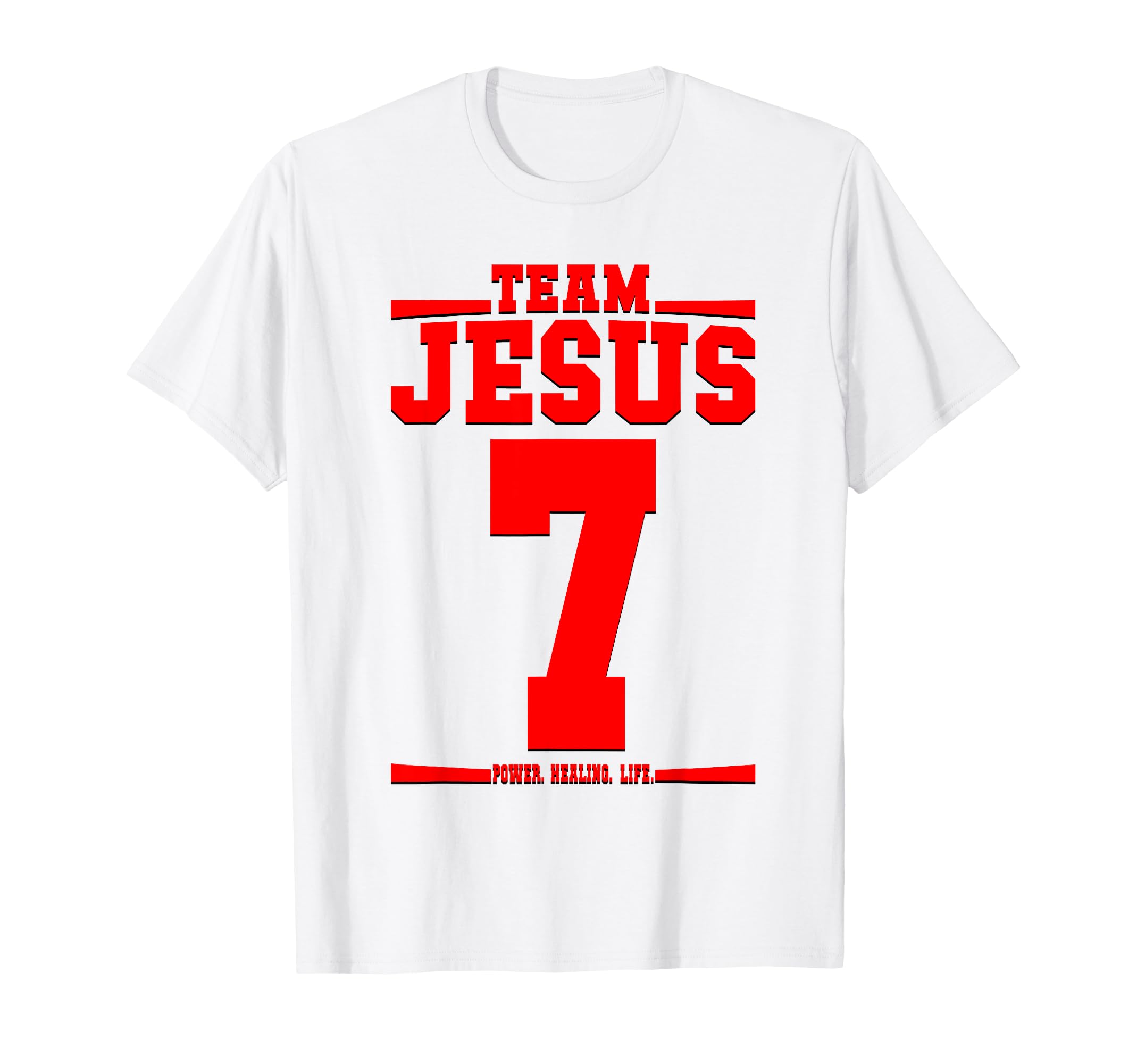 Amazon.com: Team Jesus Jersey 7 His Name Is Power Healing Life T-Shirt ...