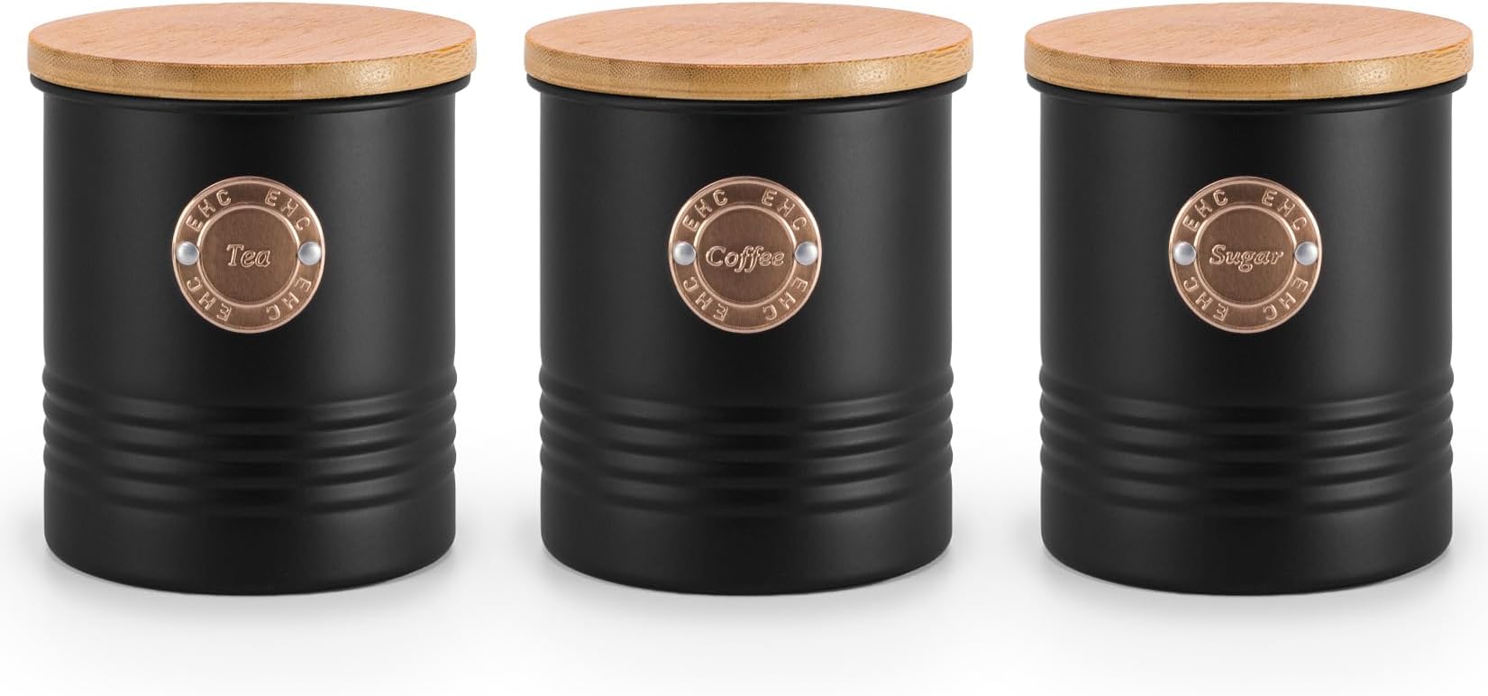 Black & Copper Metal Tea Coffee Sugar Storage Canister Set Jar Pots ...