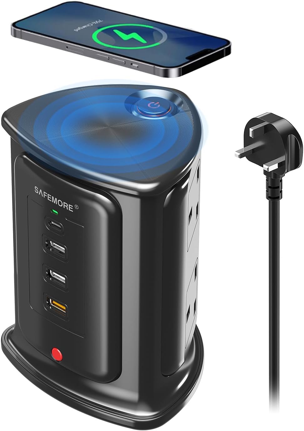 SAFEMORE Tower Extension Lead with Wireless Charger [13A 3250W] 4 Way ...