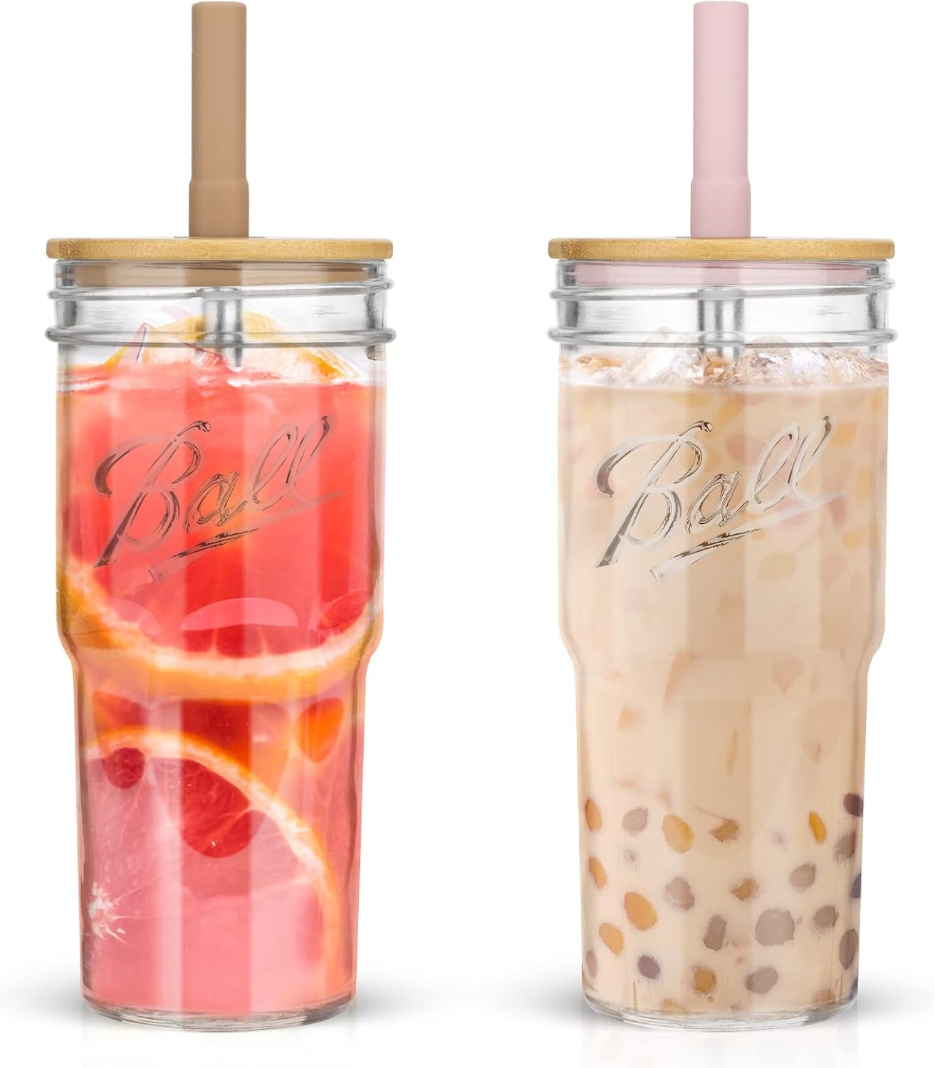 Amazon.com: 24 oz Glass Tumbler Cup with Bamboo Lid and Straw 2 Pack ...