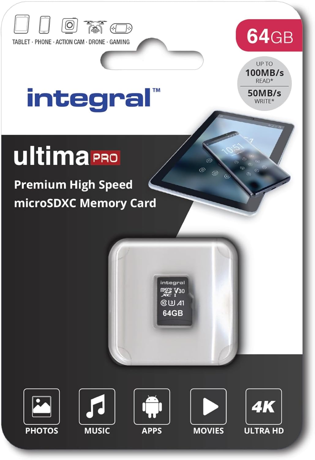 Integral 64GB microSD Card Premium High Speed 4K Video Memory Card - up ...
