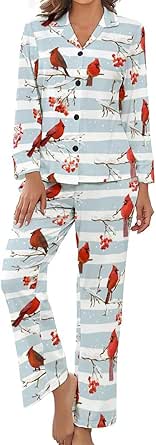 MEIKKO Cartoon Cardinal Berries Women Pajama Set Long Sleeve Comfy Pjs ...