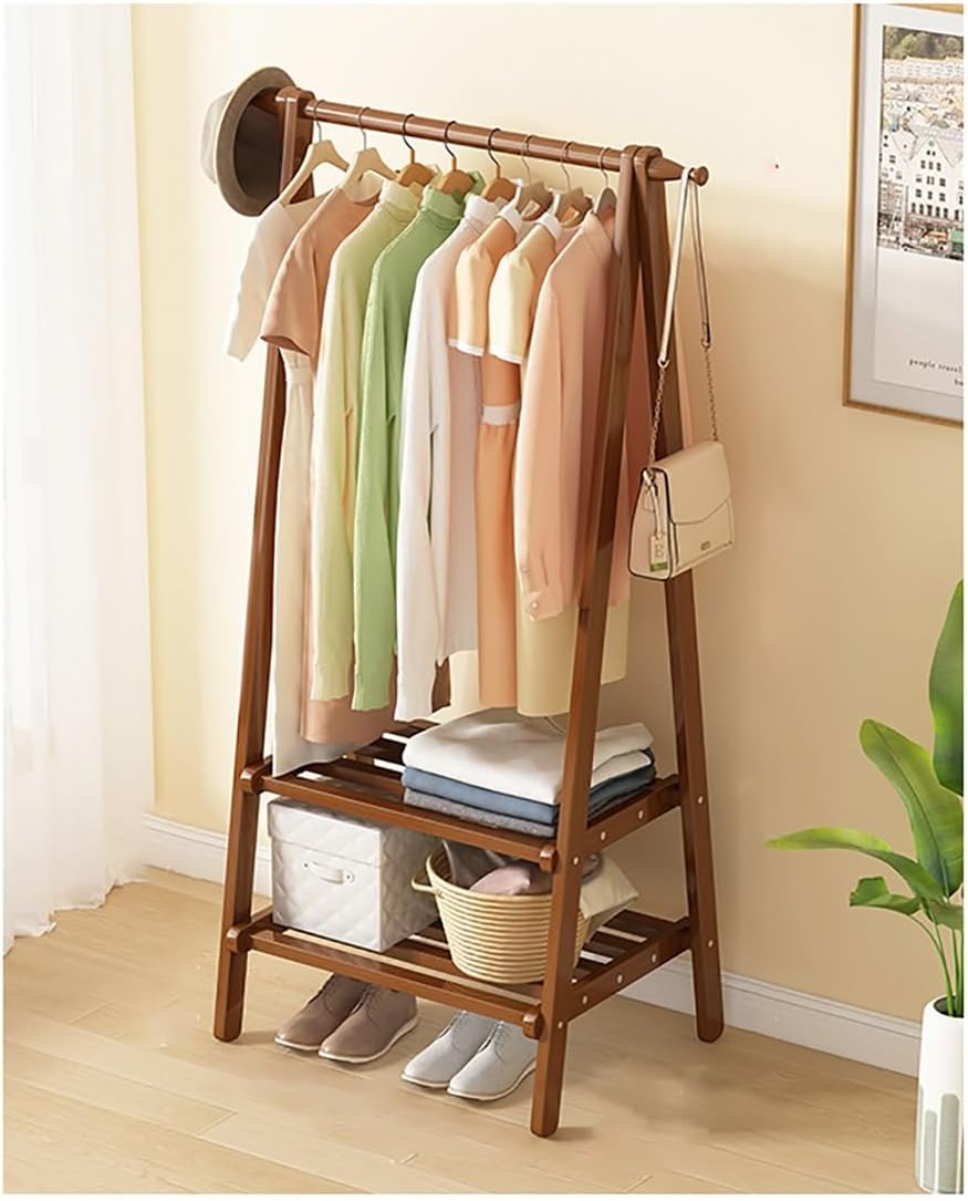 Clothes Rail Rack Bamboo Coat Stand with Shoe Storage Shelf Solid Wood ...