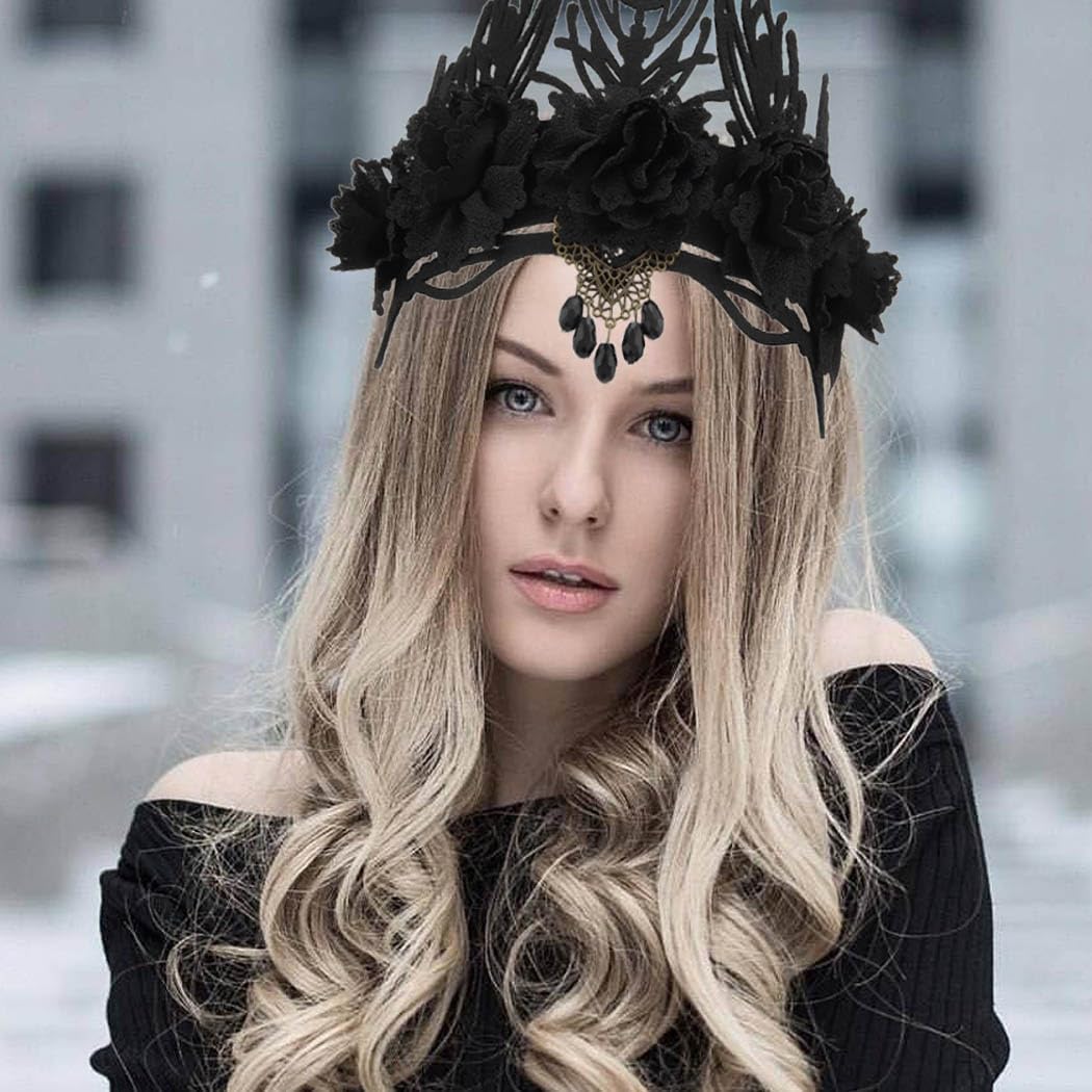 Amazon.com : Coridy Dark Gothic Floral Headpiece Black Queen Crown Hair ...