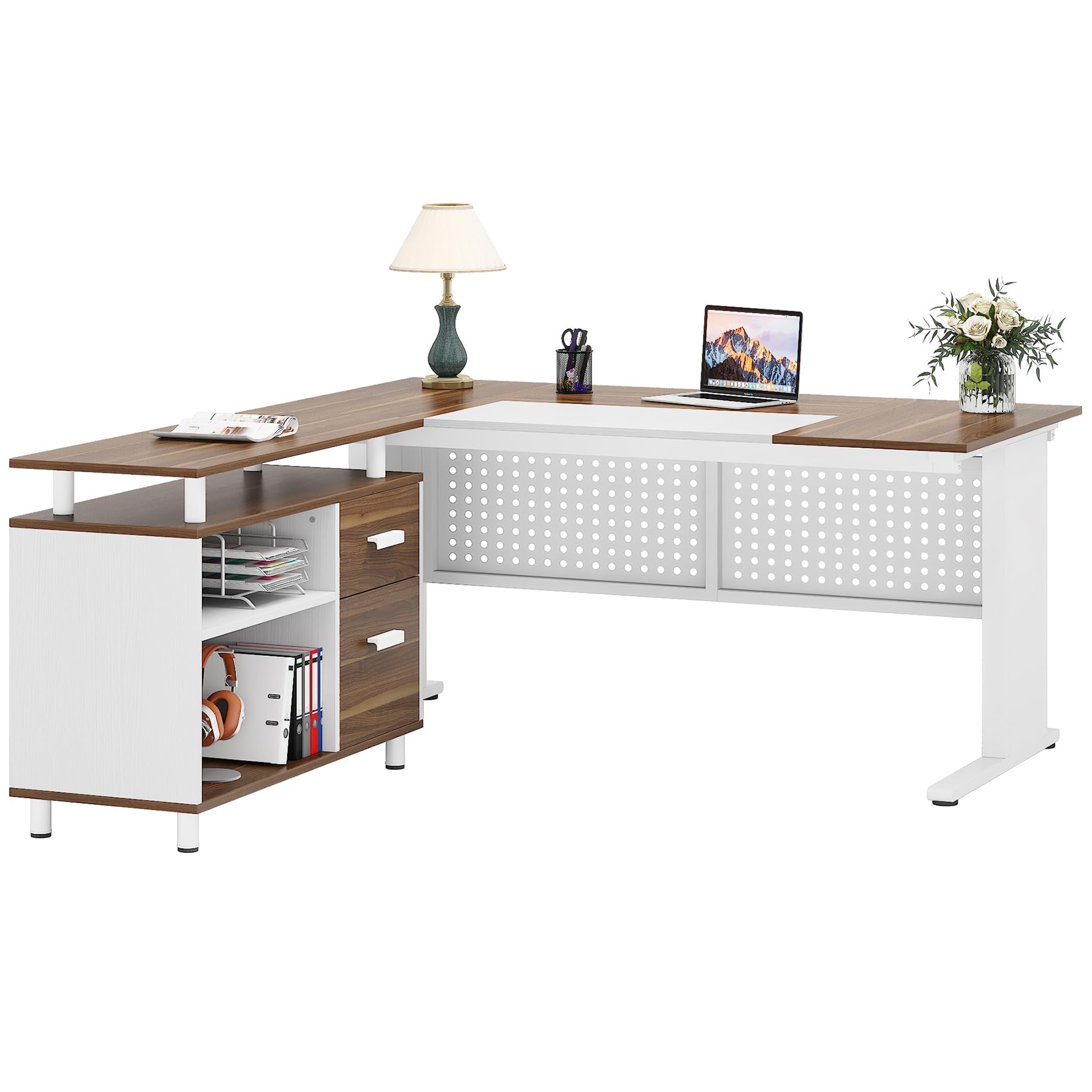 Amazon.com: LITTLE TREE Large Computer Desk with File Cabinet, 63 Inch ...