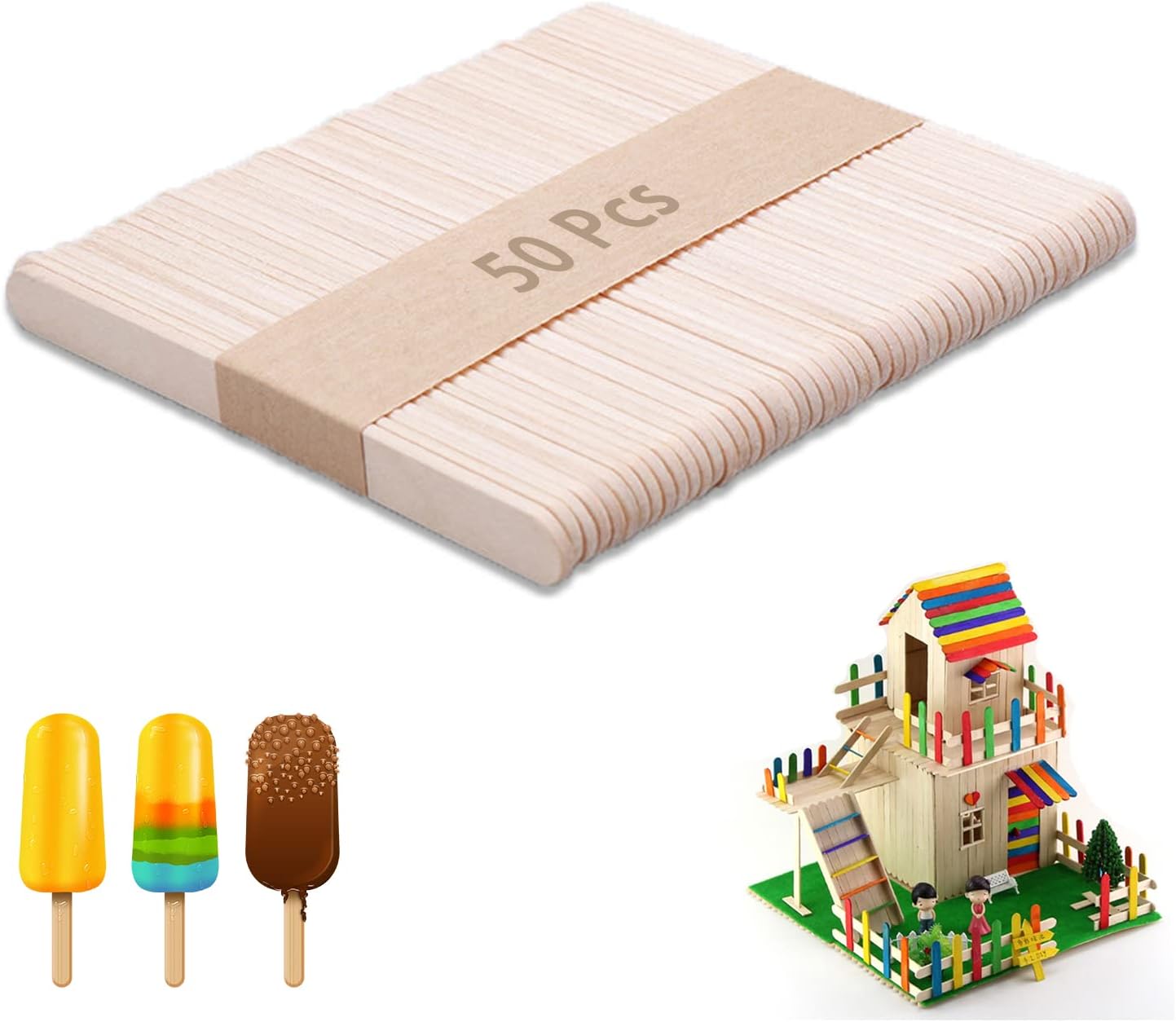 ZHIYE Natural Wooden Lollipop Sticks, 50pcs Ice Cream Sticks with ...