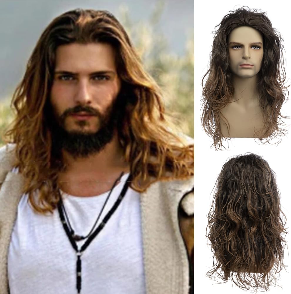 Amazon.com : Tseses Curly Men Wig Short Brown Fluffy Layered Natural ...