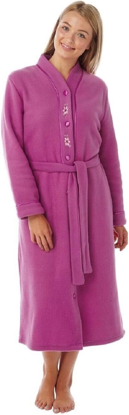 Lady olga Womens Button Through Soft Fleece Dressing Gown Wrap Robe ...