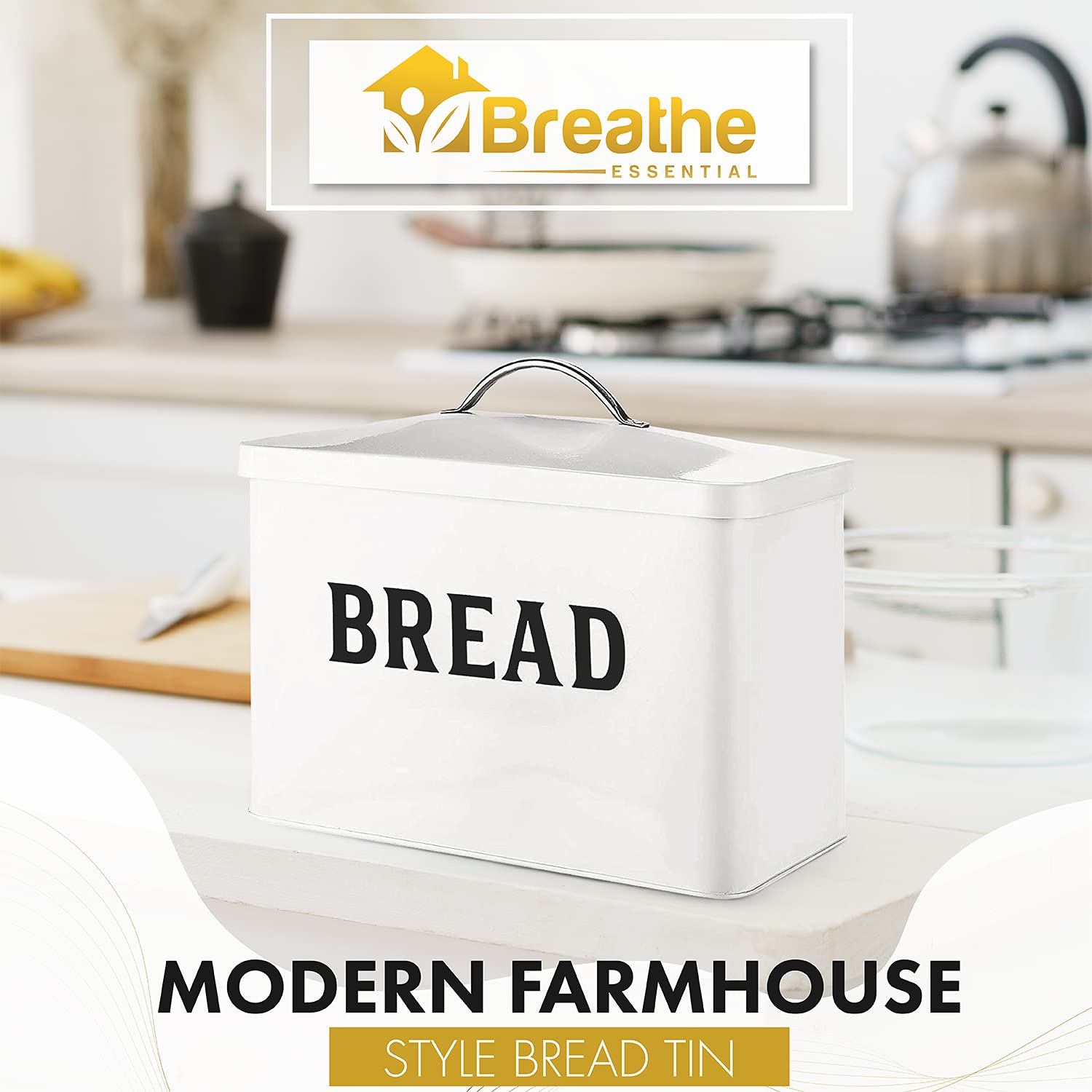 Breathe Essential - Farmhouse Bread Box For Kitchen Countertop - Extra ...
