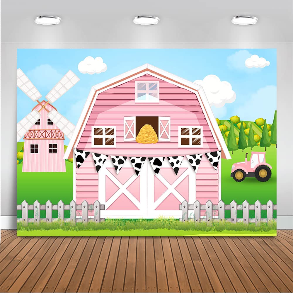 Amazon.com : Mocsicka Farm Birthday Backdrop Pink Barn Door Banner ...