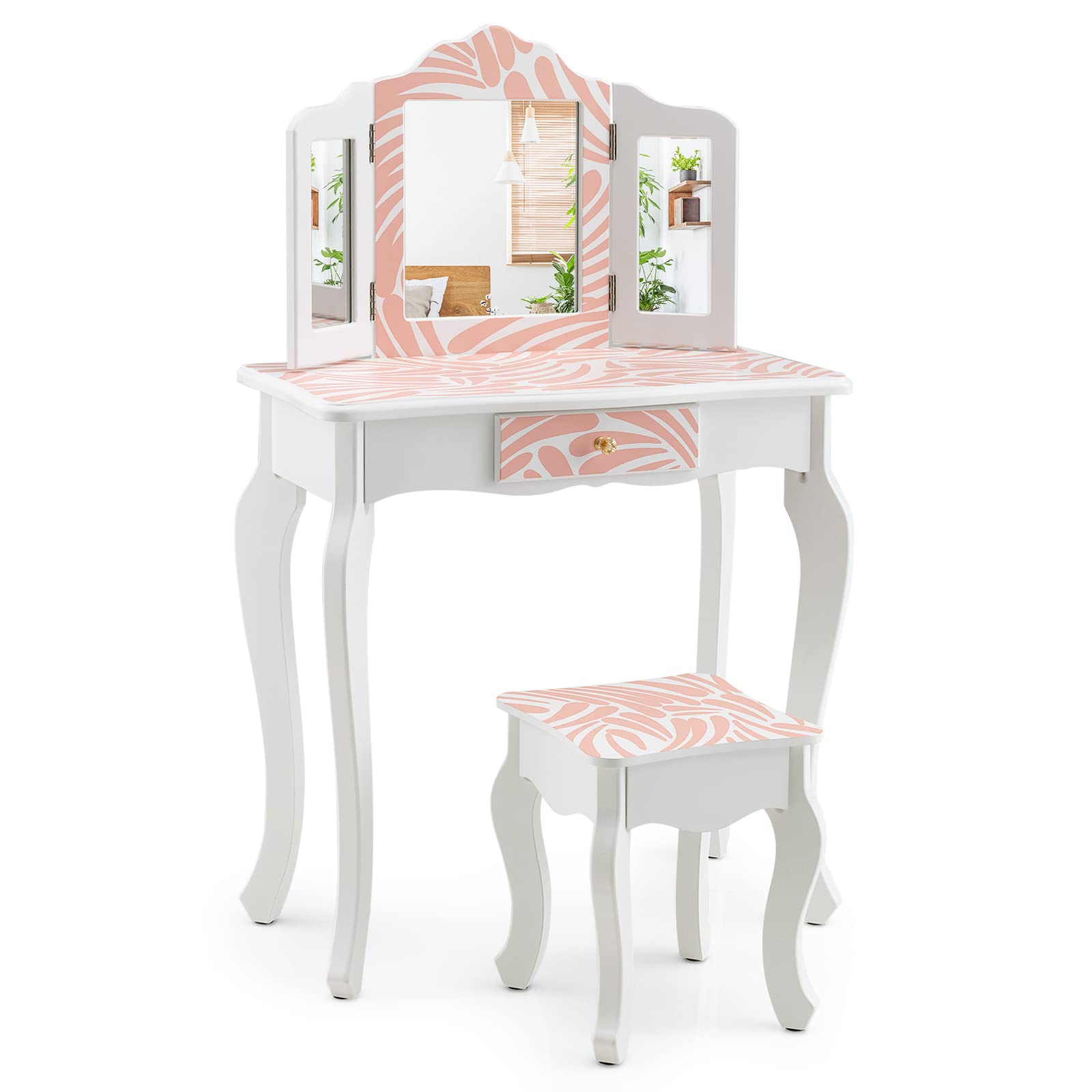 GYMAX Kids Vanity Table and Stool Set, Wooden Children Dressing Table ...