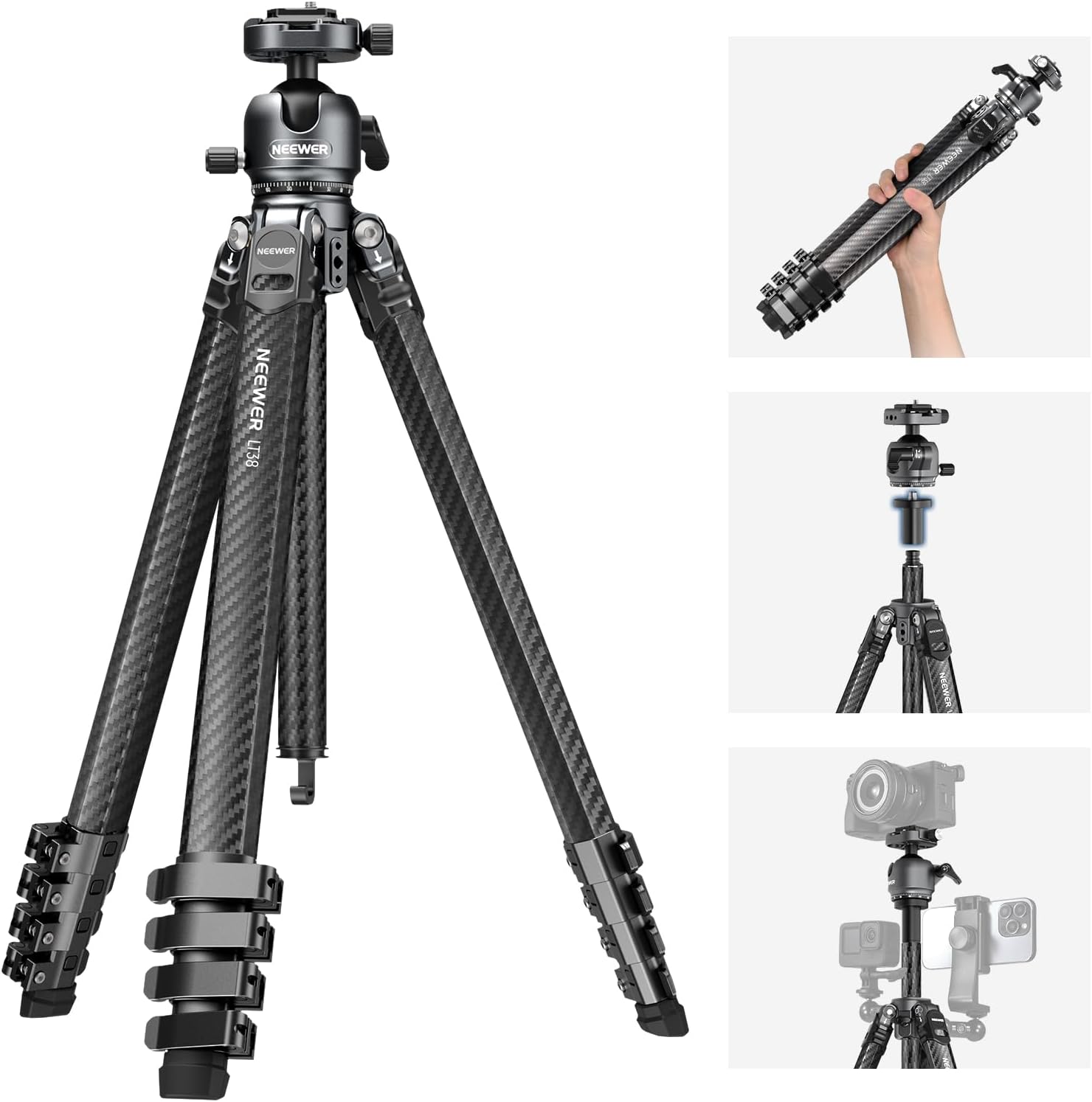 NEEWER LITETRIP LT38 61" Travel Tripod Carbon Fiber for Camera, 360 ...