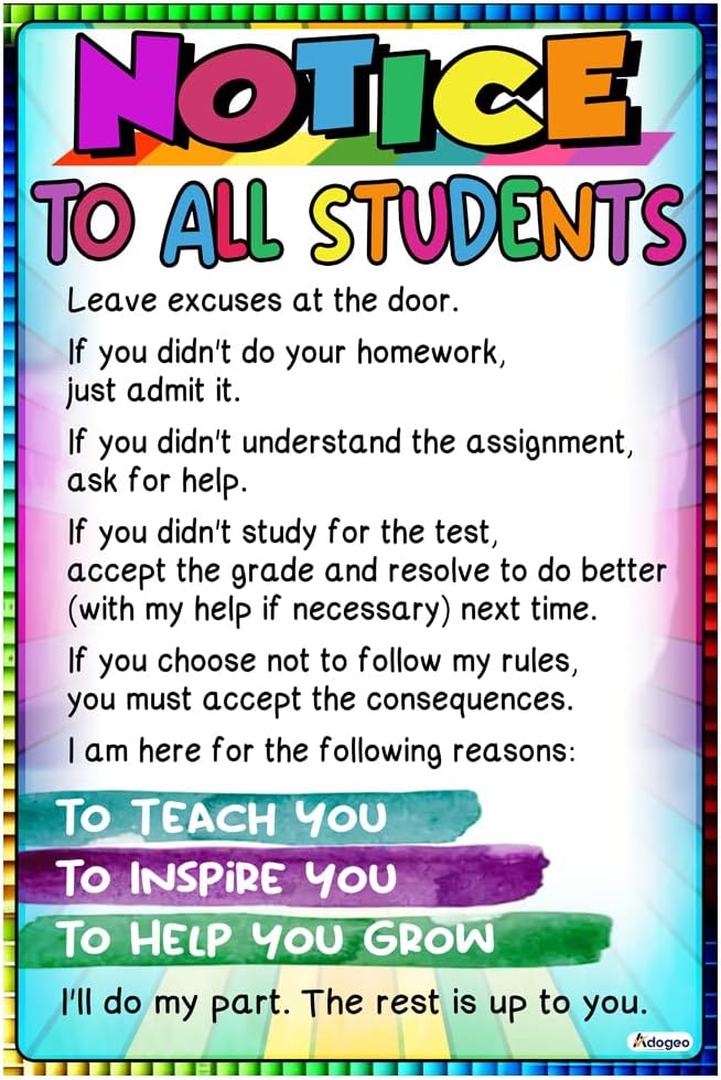 Amazon.com: ADOGEO Notice to All Students Posters - Class Rules Poster ...
