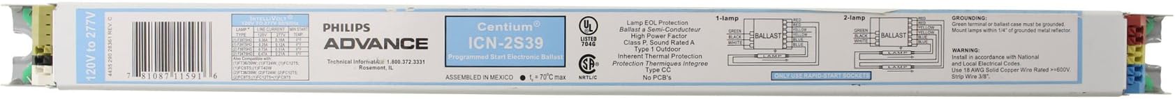 Advance ICN-2S28-T Fluorescent Ballast, 2-Lamp, 28W, T5 F28T5, 120/277V ...