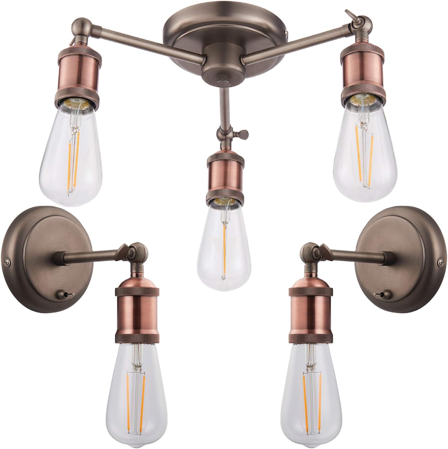 3 Bulb Hanging Ceiling Pendant & 2X Single Wall Light Pack | Industrial ...