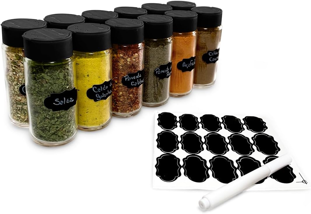 Kit 12 Potes Temperos Condimentos Vidro com Tampa Dosadora + Etiqueta ...