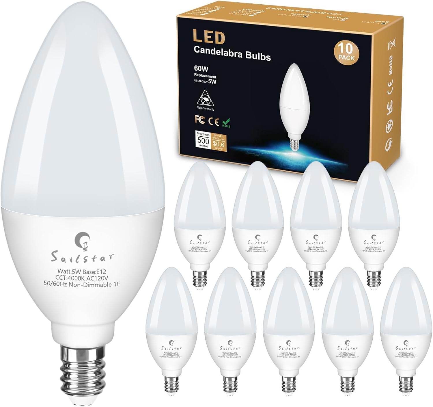 Sailstar Candelabra Light Bulbs 60 Watt Equivalent, 4000K Natural ...