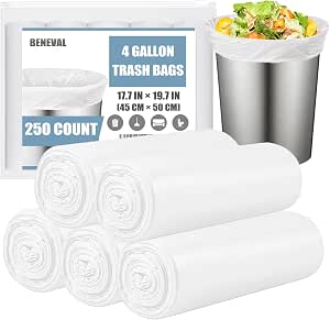 250 Count Small Garbage Bags - 15 Litres 4 Gallon Trash Bags, White 15L ...