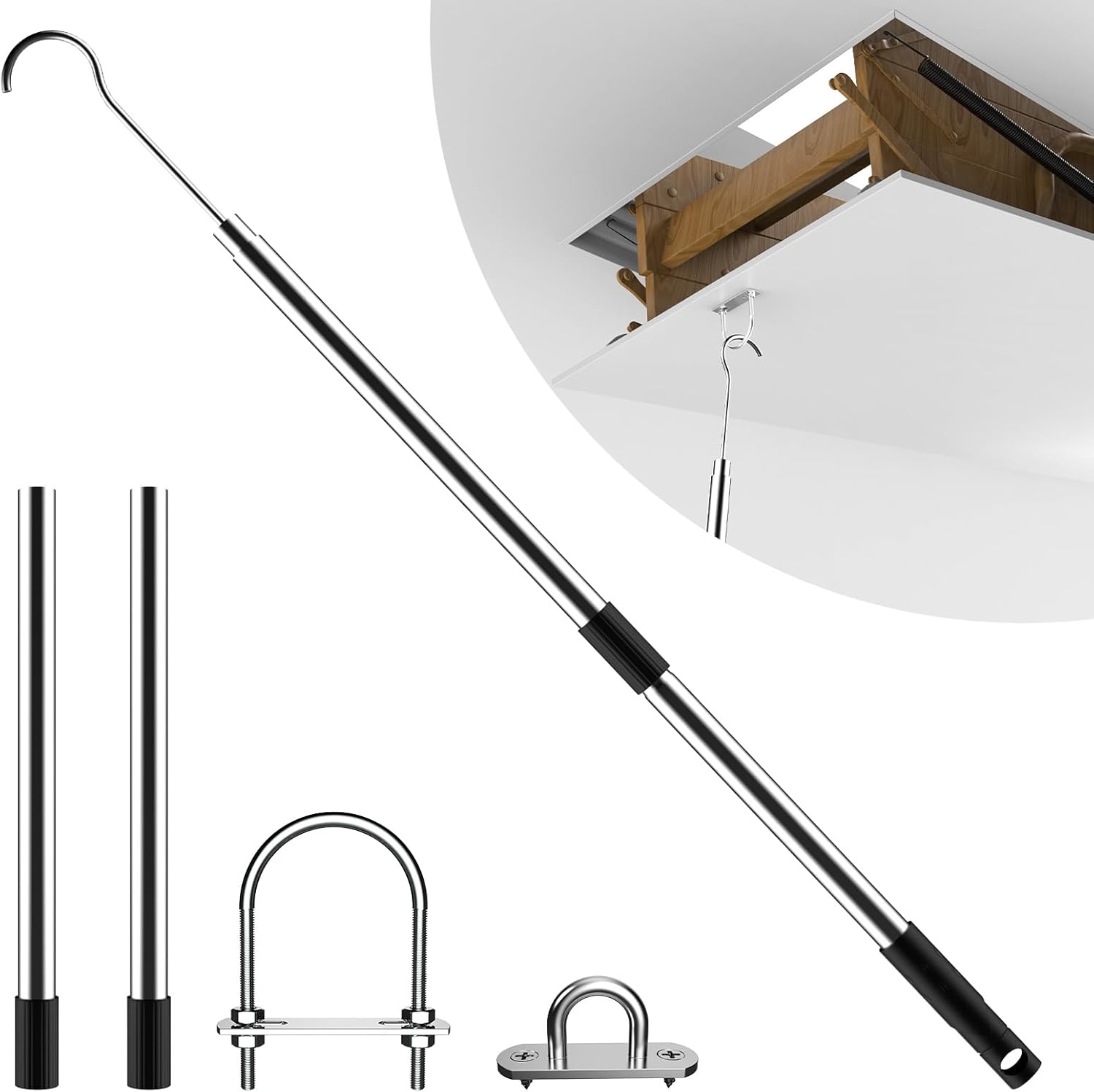 Attic Pull Down Hook with 53.5'' Adjustable Pole, Heavy-Duty Stainless ...