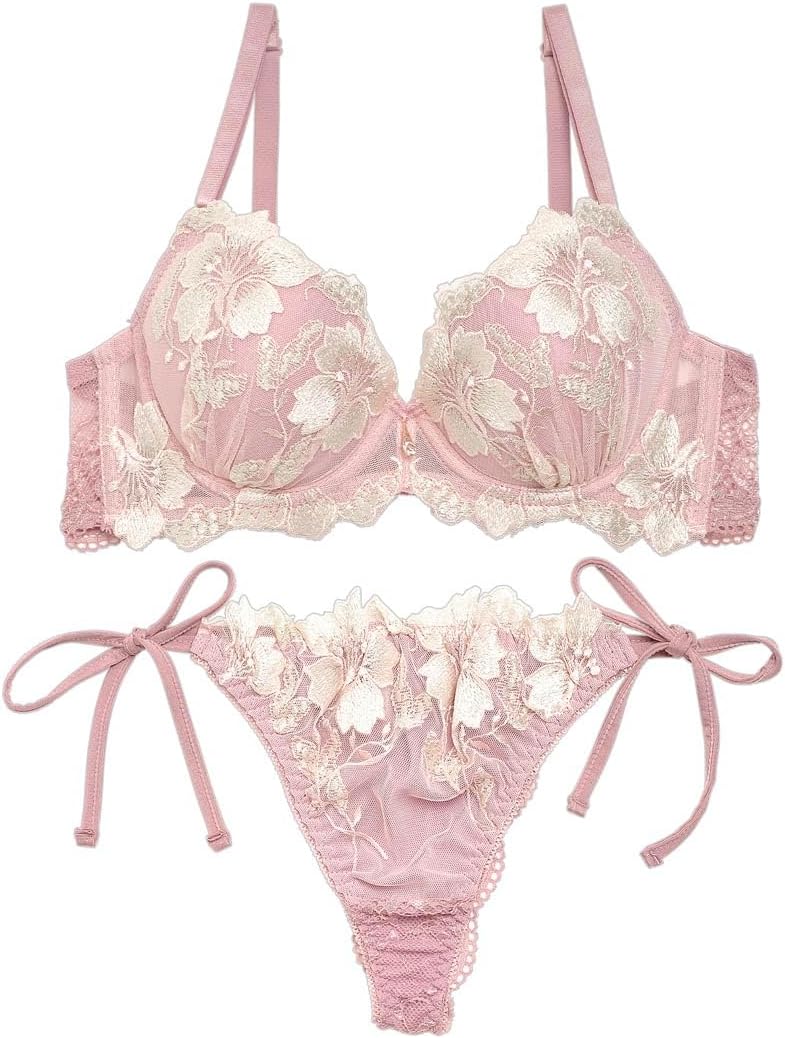 Amazon | [DRW] ブラジャー ショーツ セット 三上悠亜着用 グラジオラス フラワー レース ブラジャー & 紐パン Tバック ショーツ A65 ピンク 紐パン 透け レース 下着 ...