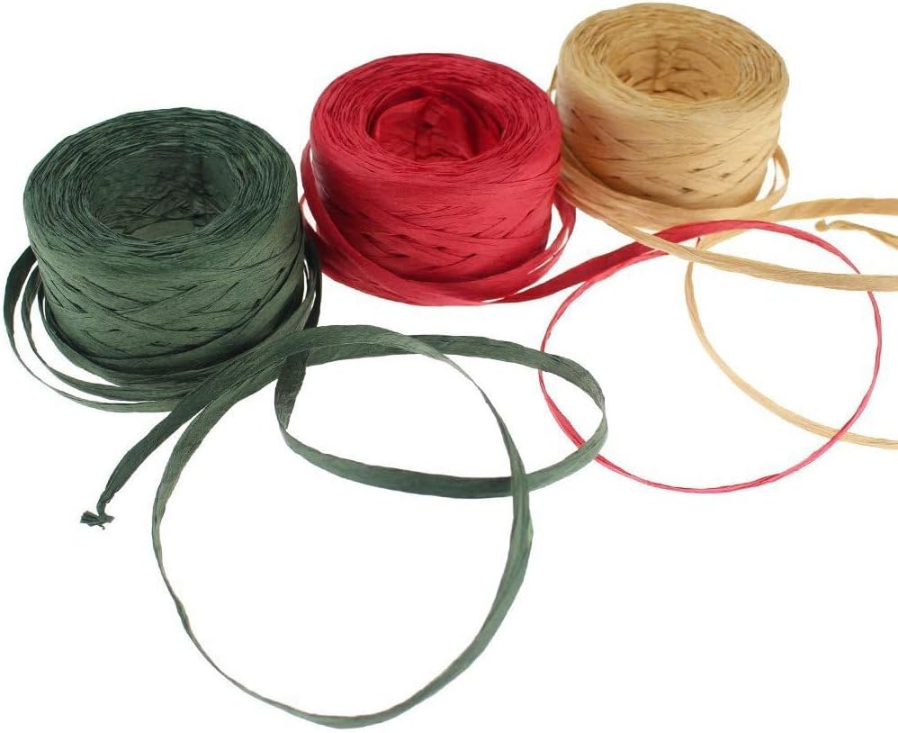 POPOYU 3Rolls 150M Christmas Raffia Paper Ribbon,Natural Green Red ...