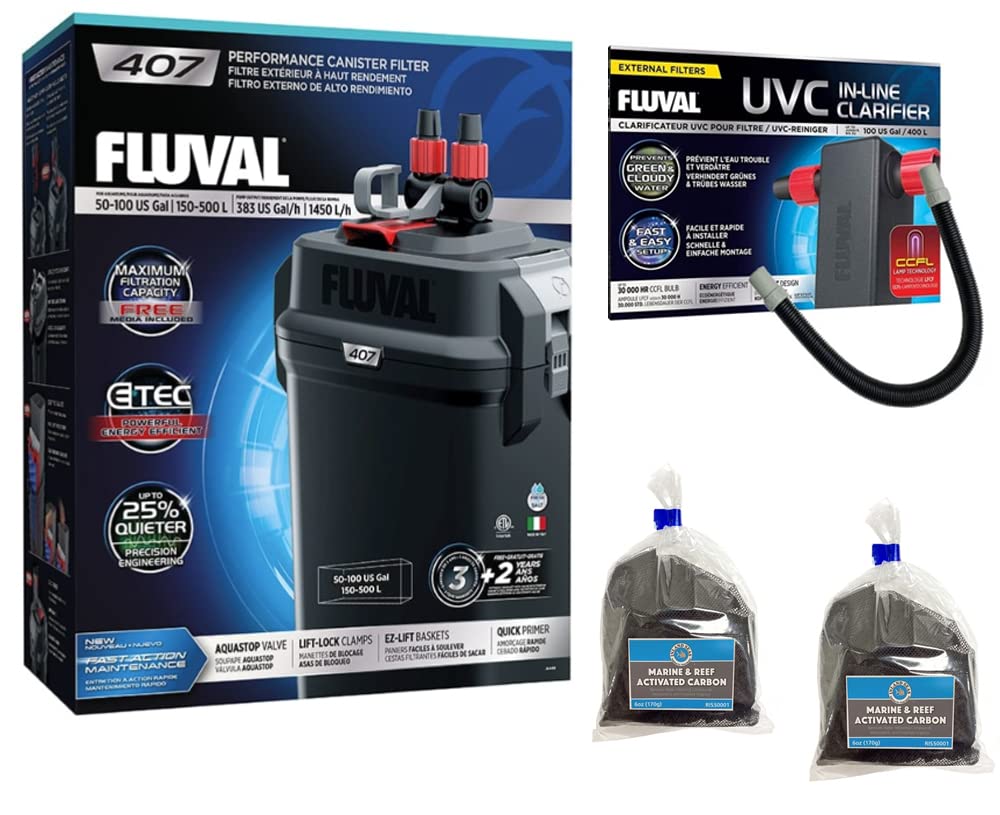 Fluval 407 Canister Filter w/Fluval UVC in-Line Clarifier Bundle (4 ...