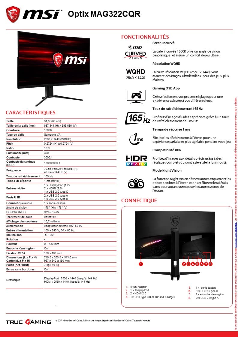 MSI Optix MAG301CR2 Écran Gaming Incurvé 29,5" WFHD - Dalle VA 1500R ...