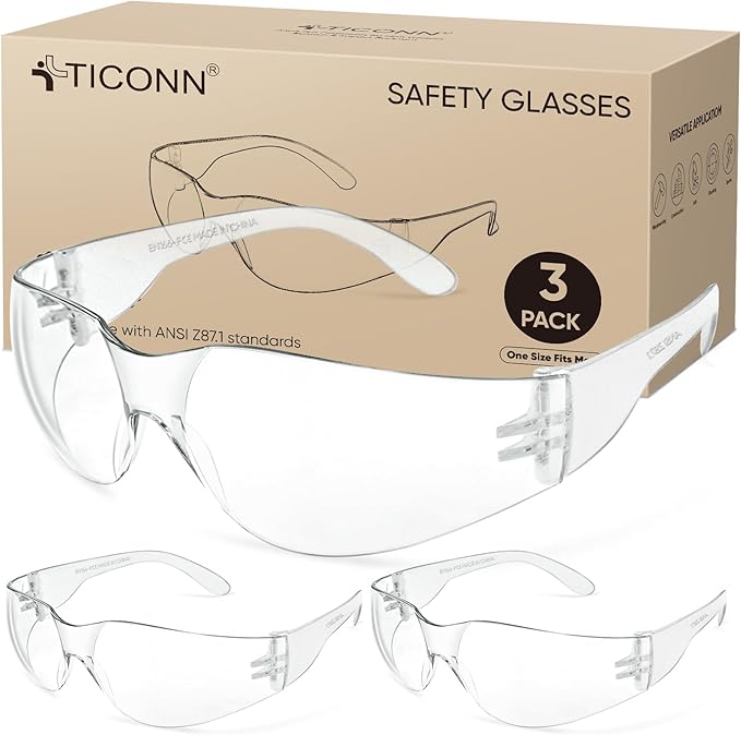 TICONN 3 Clear Safety Glasses for Men, Safety Goggles with Scratch ...