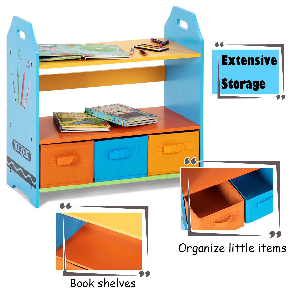 Costzon Crayon Themed 2-Tier Kids Bookshelf with 3 Storage Bins ...