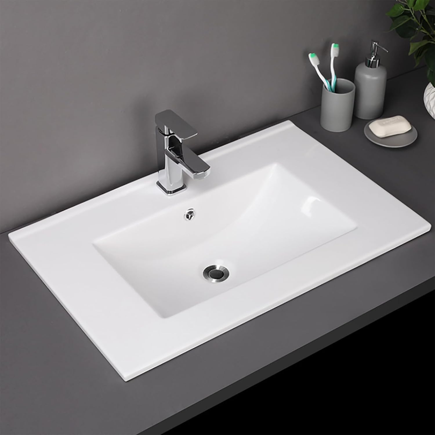 750MM Inset Modern Ceramic Sink Bowl - Cloakroom Sink with Single Tap ...