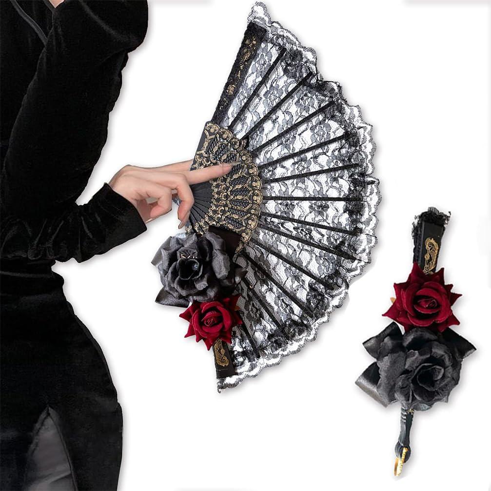 Amazon.com: Halloween Black Hand Fan Lace Rose Handheld, Vintage Retro ...