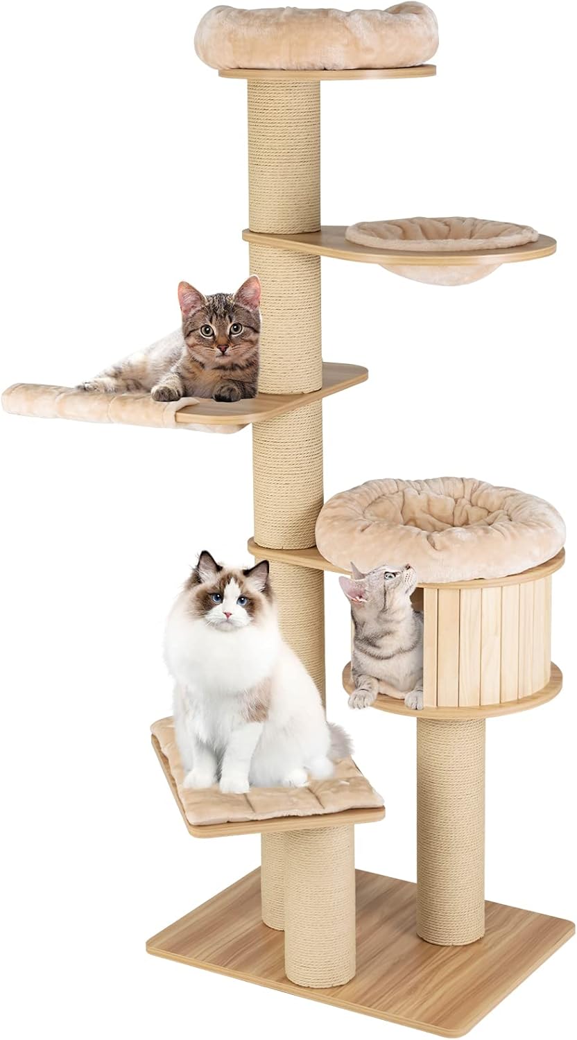 Costway 191cm Multi-Level Cat Tree Tower for Indoor Cats,Solid Wood ...