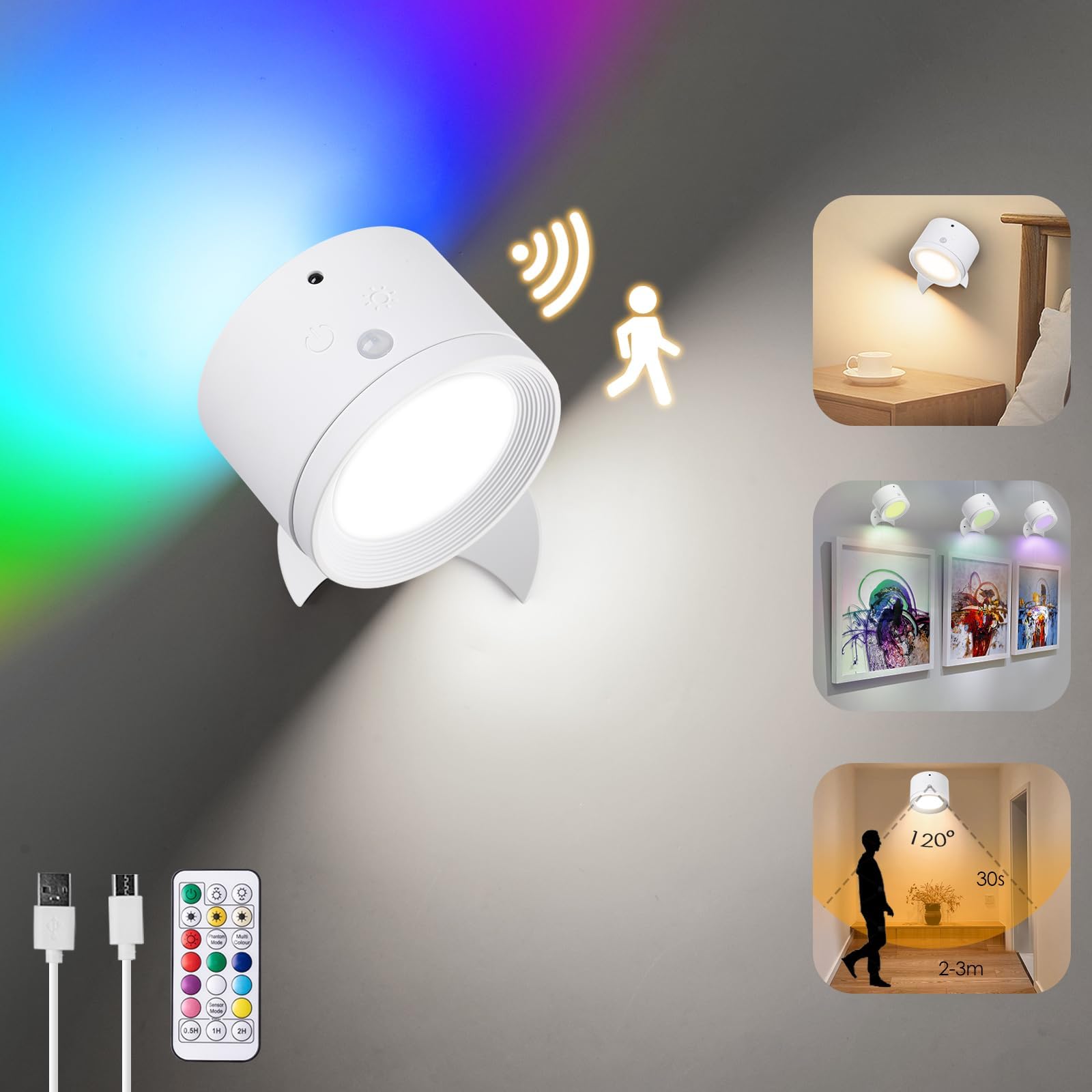 YOLIN Battery Operated Rechargeable Wall Light Indoor, Motion Sensor ...