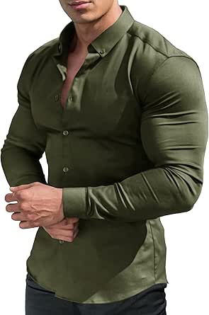 Amazon.com: URRU Men's Muscle Dress Shirts Slim Fit Stretch Long&Short Sleeve Casual Button Down ...