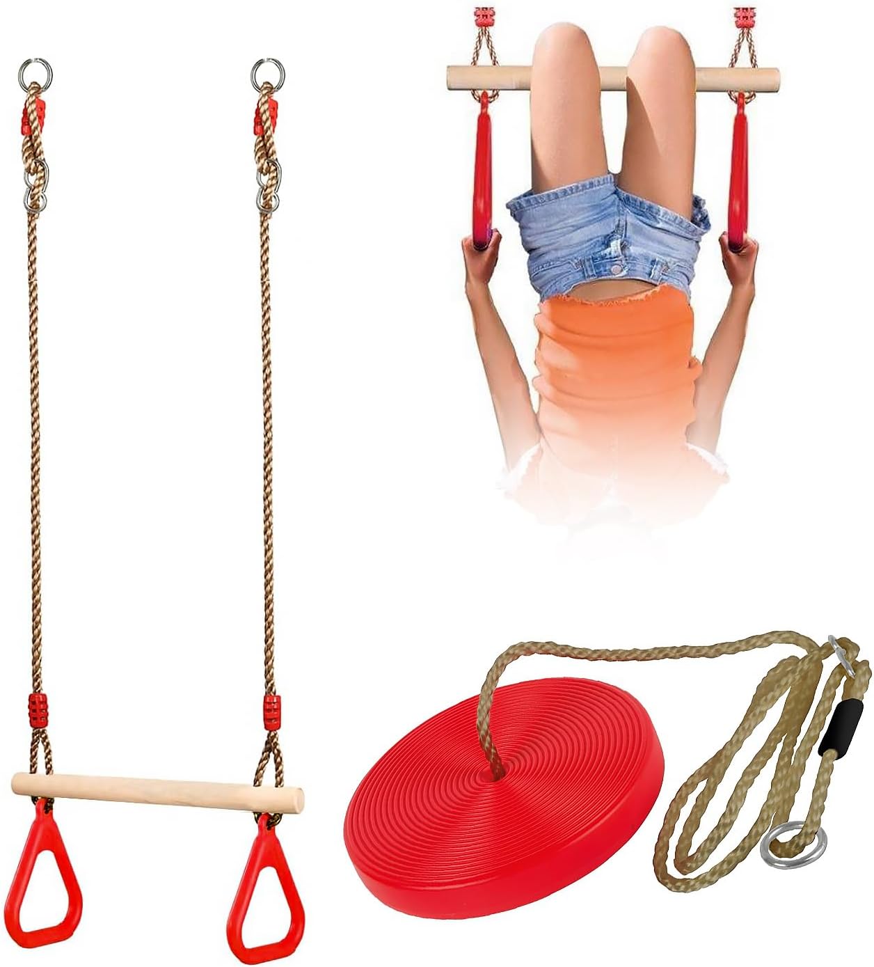 Set of Wooden Trapeze Monkey Bar Swing & Plate Disc Rope Swing Seat ...