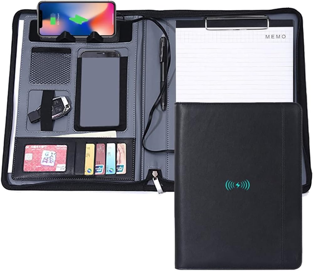 Amazon.com: n/a A4 PU Leather Portfolio Folder Multifunctional Charging ...