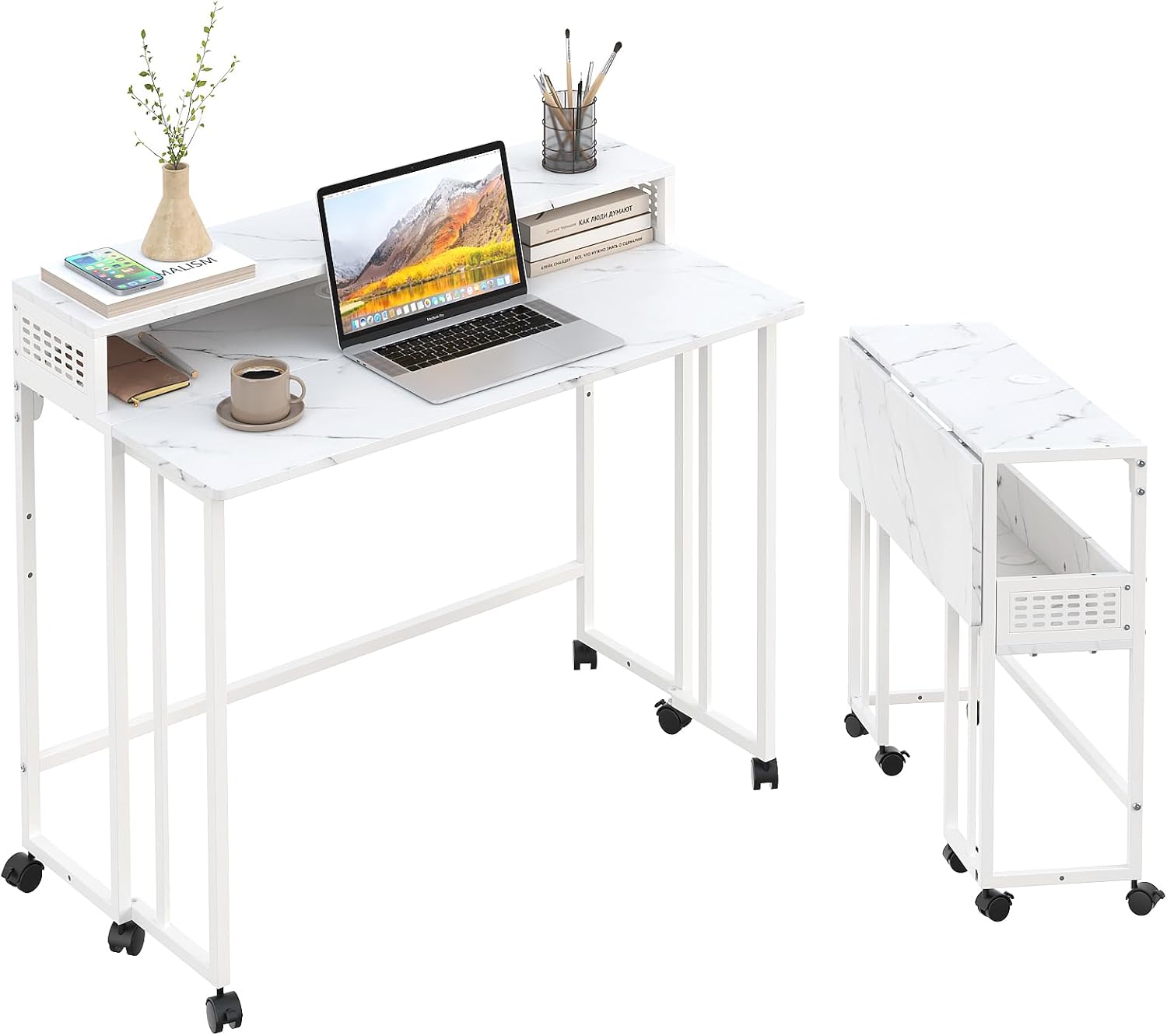 Amazon.com: Gezen Folding Desk With Storage Shelf, Small Rolling With ...