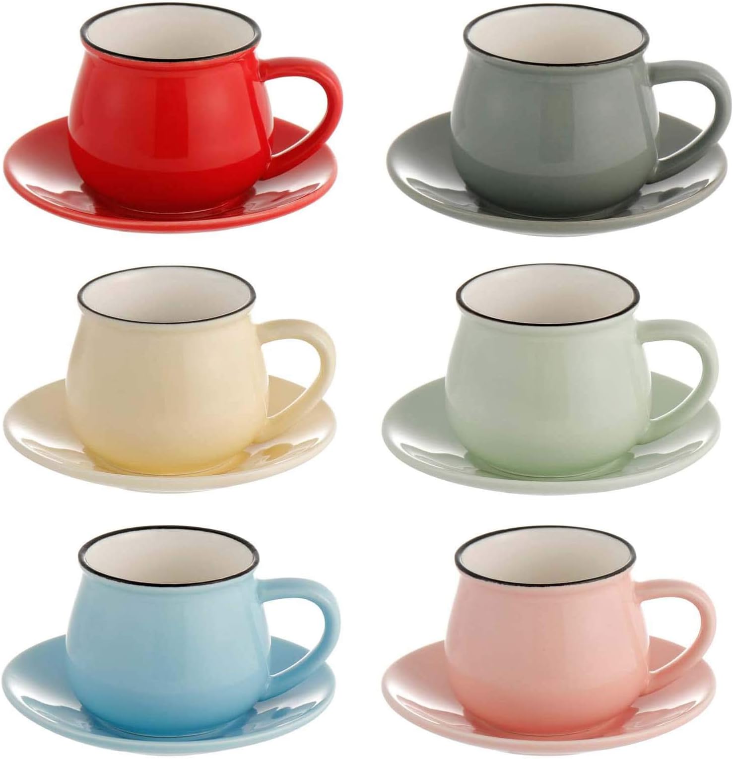 Set of 6 Coloured Spotty Espresso Coffee Tea Cups & Saucers with Chrome ...