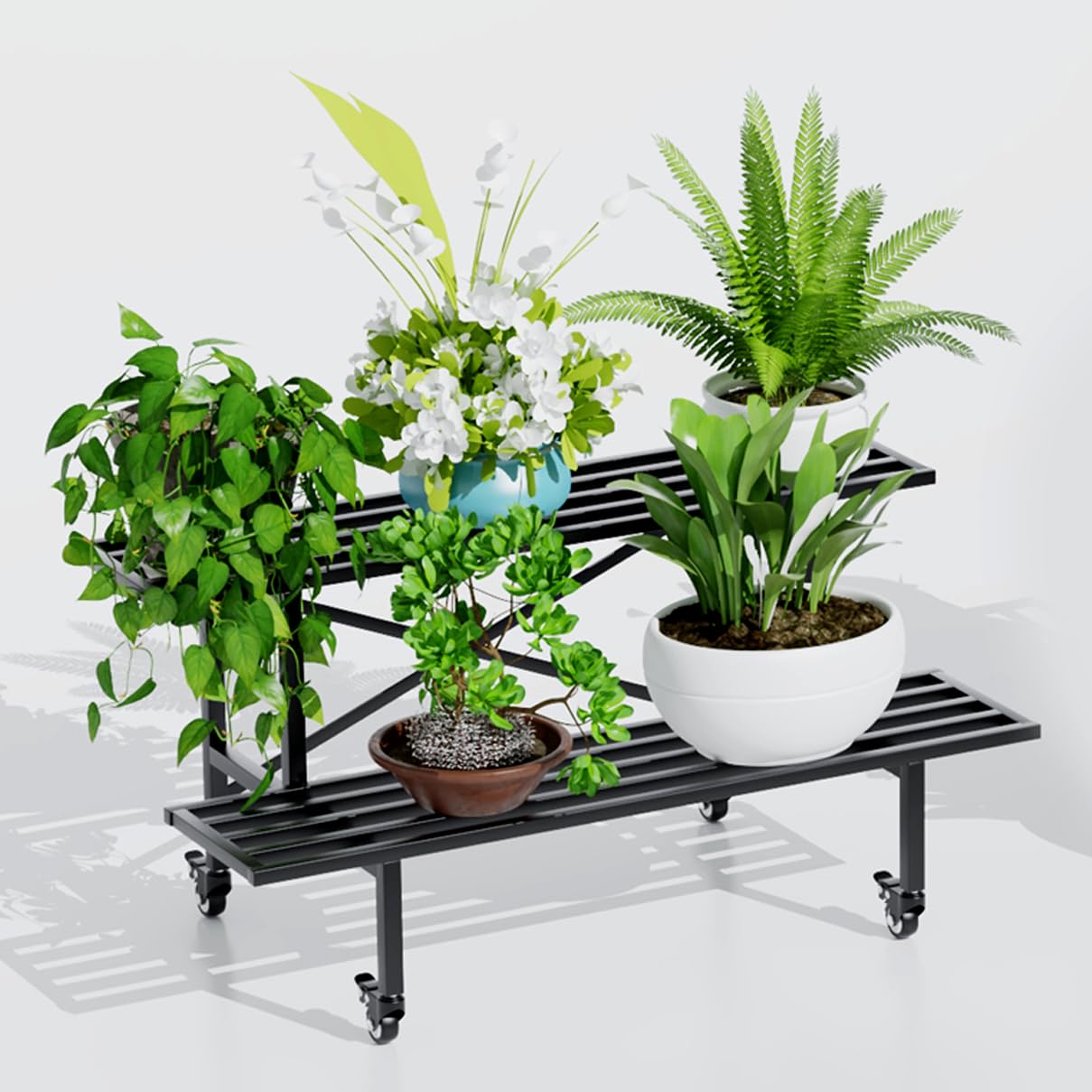 Amazon.com : Zhongma 2 Tier Sturdy Metal Plant Stand with Wheels, L35 ...