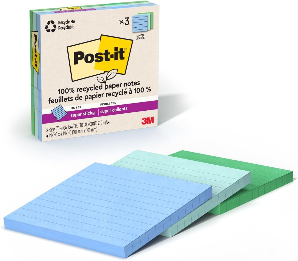 Amazon.com : Post-it 100% Recycled Paper Super Sticky Notes, 2X The ...