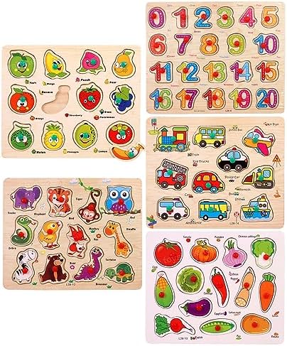 Toyshine Pack of 5 Wooden Toddler Puzzles Bundle | 123, Birds & Animals ...